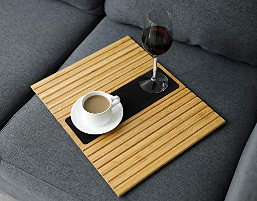 Sofa Arm Tray Table Slinky Secure/Flexible/Foldable Couch Tray Table with Non-Slip Mat for Drinks, Food, Phone or Remote. Sustainable Slinky Bamboo Design (16.5"L x 13.25"W x 0.4"H, Natural Bamboo)