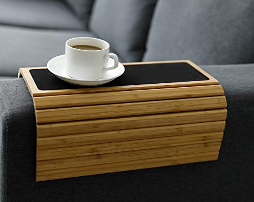 Sofa Arm Tray Table Slinky Secure/Flexible/Foldable Couch Tray Table with Non-Slip Mat for Drinks, Food, Phone or Remote. Sustainable Slinky Bamboo Design (16.5"L x 13.25"W x 0.4"H, Natural Bamboo)