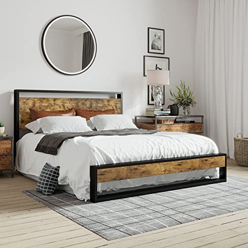 SHA CERLIN Queen Size Modern Bed Frame with Wooden Headboard, Heavy Duty Metal Platform Bed, No Box Spring Needed, Noise-Free, Rustic Brown