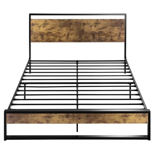 SHA CERLIN Queen Size Modern Bed Frame with Wooden Headboard, Heavy Duty Metal Platform Bed, No Box Spring Needed, Noise-Free, Rustic Brown