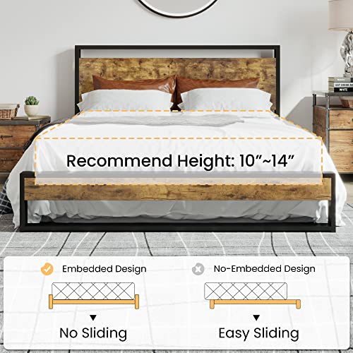 SHA CERLIN Queen Size Modern Bed Frame with Wooden Headboard, Heavy Duty Metal Platform Bed, No Box Spring Needed, Noise-Free, Rustic Brown