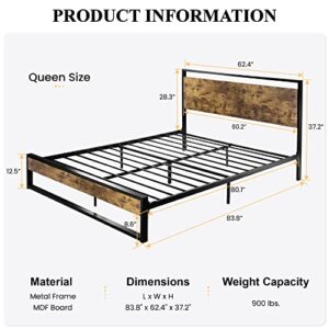 SHA CERLIN Queen Size Modern Bed Frame with Wooden Headboard, Heavy Duty Metal Platform Bed, No Box Spring Needed, Noise-Free, Rustic Brown