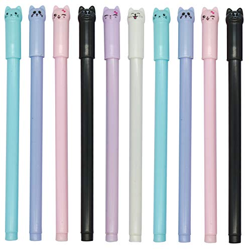 Maydahui 12PCS Cat Rollerball Pens Cute Cartoon Kitty Animal Pen Black Gel Ink Smooth Writing for Cats Lovers Stationery School Supplies