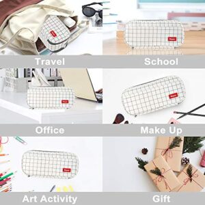 Vnieetsr Large Pencil Case Big Capacity Pencil Bag Large Storage Pouch 3 Compartments Desk Organizer Marker Pen Case Simple Stationery Bag Pencil Holder (Plaid White)