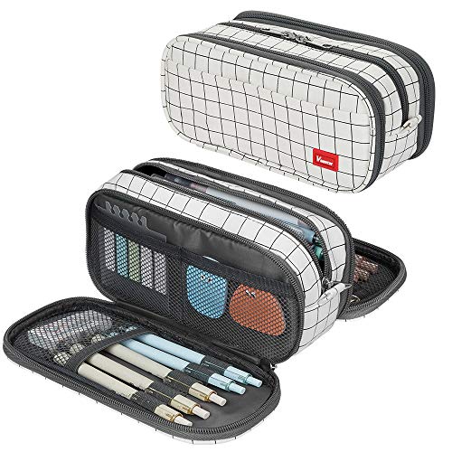 Vnieetsr Large Pencil Case Big Capacity Pencil Bag Large Storage Pouch 3 Compartments Desk Organizer Marker Pen Case Simple Stationery Bag Pencil Holder (Plaid White)