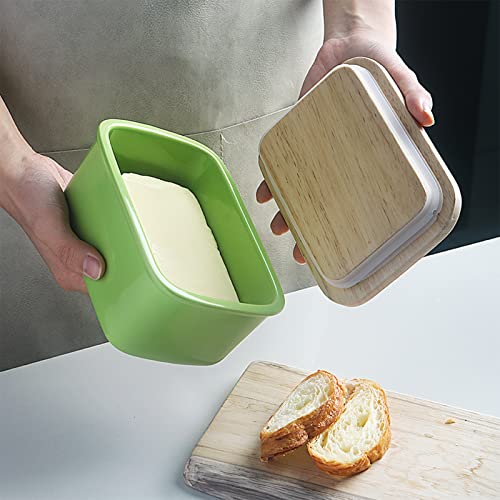 SWEEJAR Porcelain Butter Dish with Lid, Airtight Large Butter Keeper with Wooden Lid, Butter Container Perfect for 2 Sticks of Butter West or East Coast Butter(Green)