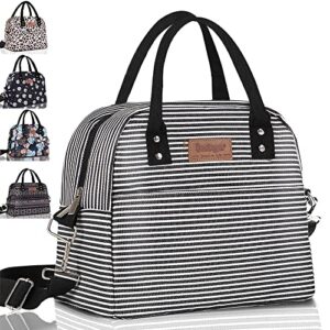 homespon reusable insulated lunch bag cooler tote box with front pocket zipper closure for woman man work picnic or travel(black and white stripe with shoulder)