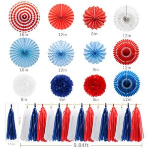 Meiduo Navy Blue Red White Party Decorations Hanging Paper Fans Pom Poms Flowers Tissue Tassel Garland for 4th of July Day Patriotic Decoration Graduation Birthday Supplies