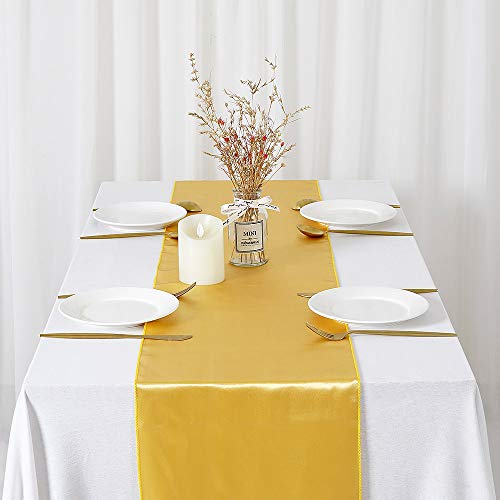 Set of 5 Satin Table Runners Gold 12x108 inch Table Runner for Party Wedding Reception Banquet Decoration Bright Silk Smooth Fabric Spring Party Chair Sashes