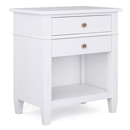 SIMPLIHOME Carlton 24 inches Wide Night Stand, Bedside table, White SOLID WOOD, Rectangle, with Storage, 2 Drawers and 1 Shelf, For the Bedroom, Transitional Modern