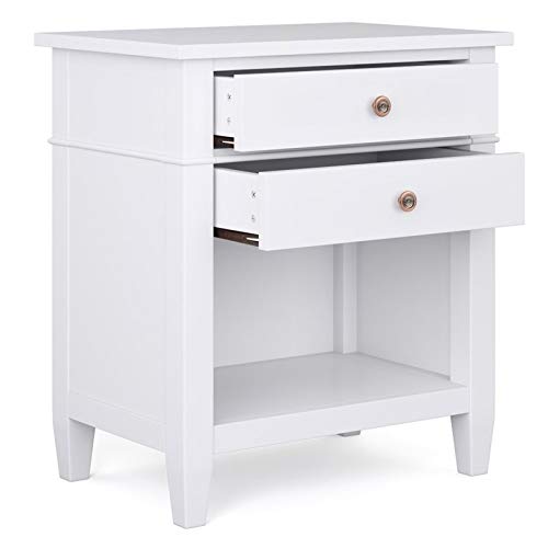 SIMPLIHOME Carlton 24 inches Wide Night Stand, Bedside table, White SOLID WOOD, Rectangle, with Storage, 2 Drawers and 1 Shelf, For the Bedroom, Transitional Modern