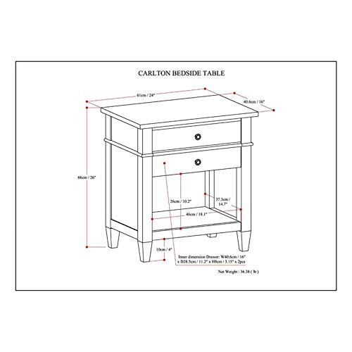 SIMPLIHOME Carlton 24 inches Wide Night Stand, Bedside table, White SOLID WOOD, Rectangle, with Storage, 2 Drawers and 1 Shelf, For the Bedroom, Transitional Modern