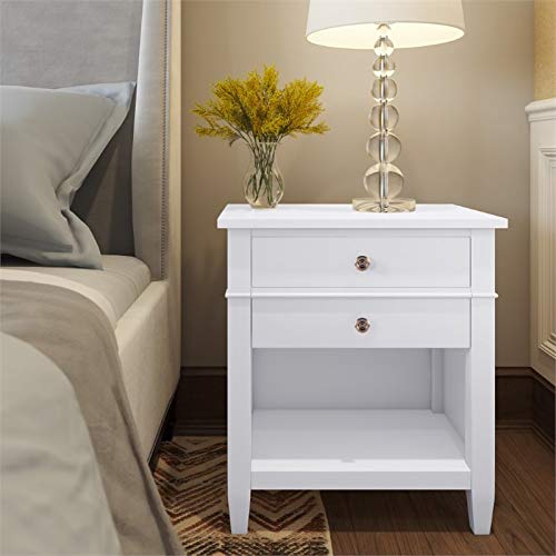 SIMPLIHOME Carlton 24 inches Wide Night Stand, Bedside table, White SOLID WOOD, Rectangle, with Storage, 2 Drawers and 1 Shelf, For the Bedroom, Transitional Modern