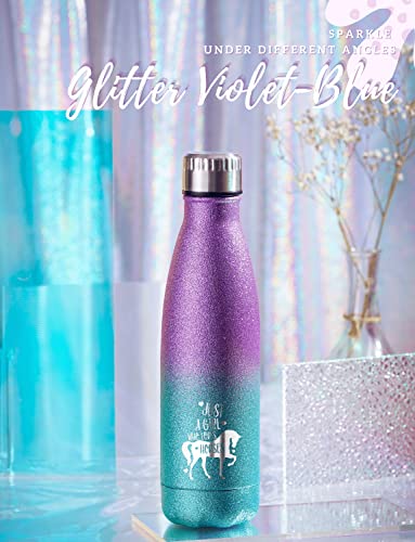 Onebttl Horse Bottle for Girls, Women, Insulated Stainless Steel Water Bottle, for Equestrian, Horse Lovers, Cowgirls, Perfect for Birthday, Back to School, Violet-Blue Gradient Glitter