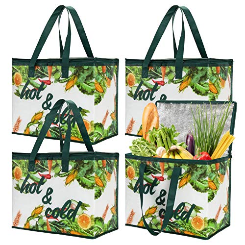 Bekith 4 Pack Insulated Reusable Grocery Bag, X Large Cooler Bags, Shopping Tote with Zippered Top for Hot and Cold Food Transport, Wine Tote, Drinks Carrier, Stands Upright, Collapsible