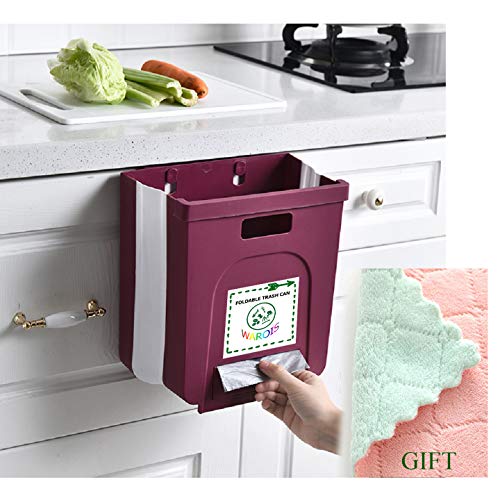 WAROIS Upgrate Foldable Trash Can 9L Hanging Folding Garbage Bin with Waste Bag Pocket for Home & Portable Outdoor Collapsible Trash Bin (Wine Red)