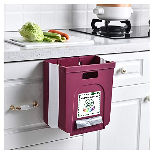 WAROIS Upgrate Foldable Trash Can 9L Hanging Folding Garbage Bin with Waste Bag Pocket for Home & Portable Outdoor Collapsible Trash Bin (Wine Red)