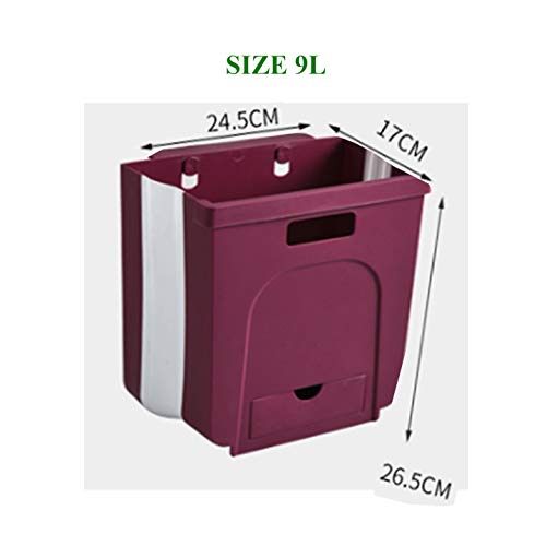 WAROIS Upgrate Foldable Trash Can 9L Hanging Folding Garbage Bin with Waste Bag Pocket for Home & Portable Outdoor Collapsible Trash Bin (Wine Red)