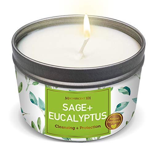 Magnificent 101 Long Lasting Sage + Eucalyptus Scented Smudge Candle | 6 Oz - 35 Hour Burn | All Natural & Organic Soy Wax Candle for Energy Cleansing & Manifestation | Fortify Life's Uncertain Path