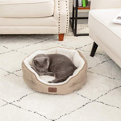 Bedsure Round Bed for Small Dogs, Washable for Indoor Cats, Pet Bed for Puppy and Kitten with Slip-Resistant Bottom, Camel, 20 Inches