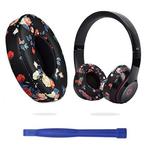 Beats Solo 3 Wireless Ear Pads Replacement, BUTIAO Protein Leather Memory Foam Headphone Earpads Ear Cushion Pad for Beats by Dre Solo 3 Wireless & Solo 2 Wireless Over Ear Headsets (Black Floral)