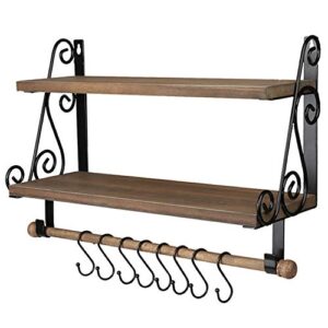 hoanvi floating shelves with towel bar for bathroom décor organizer, wall mount shelves with 8 hooks for kitchen spice rack storage, wooden wall hanging shelf for bedroom, living room.(rustic, 2-tier)