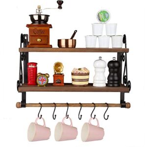 Hoanvi Floating Shelves with Towel Bar for Bathroom Décor Organizer, Wall Mount Shelves with 8 Hooks for Kitchen Spice Rack Storage, Wooden Wall Hanging Shelf for Bedroom, Living Room.(Rustic, 2-Tier)