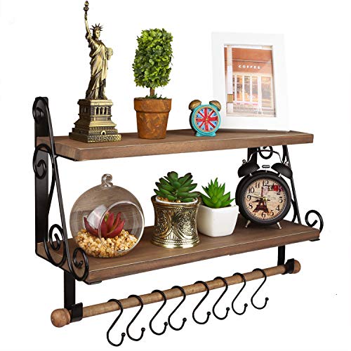 Hoanvi Floating Shelves with Towel Bar for Bathroom Décor Organizer, Wall Mount Shelves with 8 Hooks for Kitchen Spice Rack Storage, Wooden Wall Hanging Shelf for Bedroom, Living Room.(Rustic, 2-Tier)