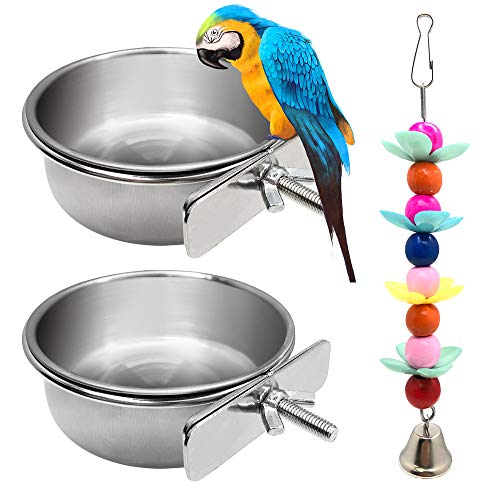 WACLTE Bird Bowl & Chewing Toy Set - 2 Pack 3.9" Stainless Steel Feeder Cups with Clamp for Cage - Funny Ladder Hanging Toy with Bell - for Parrot, Parakeet, Budgies, Conure Ferrets, Small Animal