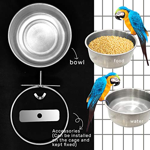 WACLTE Bird Bowl & Chewing Toy Set - 2 Pack 3.9" Stainless Steel Feeder Cups with Clamp for Cage - Funny Ladder Hanging Toy with Bell - for Parrot, Parakeet, Budgies, Conure Ferrets, Small Animal