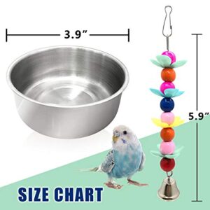 WACLTE Bird Bowl & Chewing Toy Set - 2 Pack 3.9" Stainless Steel Feeder Cups with Clamp for Cage - Funny Ladder Hanging Toy with Bell - for Parrot, Parakeet, Budgies, Conure Ferrets, Small Animal