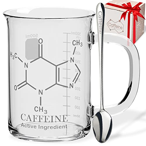 Caffeine Beaker Mug 17 oz (500ml) with Metal Spoon - Chemistry Mug - Borosilicate Glass Coffee Mugs with Handle and Measuring for Coffee/Latte/Tea - Caffeine Molecule Cup - Science Coffee Mug