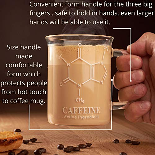 Caffeine Beaker Mug 17 oz (500ml) with Metal Spoon - Chemistry Mug - Borosilicate Glass Coffee Mugs with Handle and Measuring for Coffee/Latte/Tea - Caffeine Molecule Cup - Science Coffee Mug