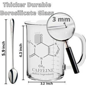 Caffeine Beaker Mug 17 oz (500ml) with Metal Spoon - Chemistry Mug - Borosilicate Glass Coffee Mugs with Handle and Measuring for Coffee/Latte/Tea - Caffeine Molecule Cup - Science Coffee Mug