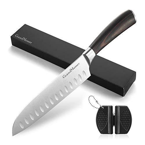 Santoku Knife, 7 inch Japanese Chef Knife, High Carbon Stainless Steel Cooking Knife with Ergonomic Wooden Handle and Gift Box.