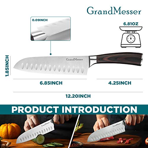 Santoku Knife, 7 inch Japanese Chef Knife, High Carbon Stainless Steel Cooking Knife with Ergonomic Wooden Handle and Gift Box.