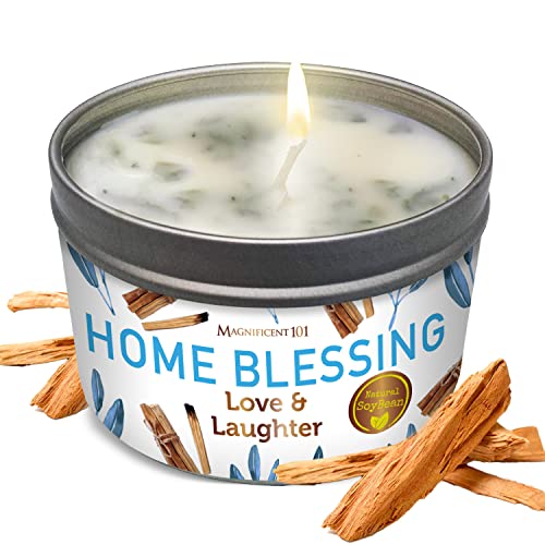 MAGNIFICENT 101 Home Blessing Aromatherapy Candle for Love and Laughter - Sage, Bergamot, Sandalwood Scented Natural Soybean Wax Tin Candle for Purification and Chakra Healing Under $20