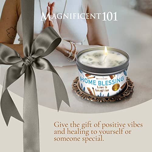 MAGNIFICENT 101 Home Blessing Aromatherapy Candle for Love and Laughter - Sage, Bergamot, Sandalwood Scented Natural Soybean Wax Tin Candle for Purification and Chakra Healing Under $20