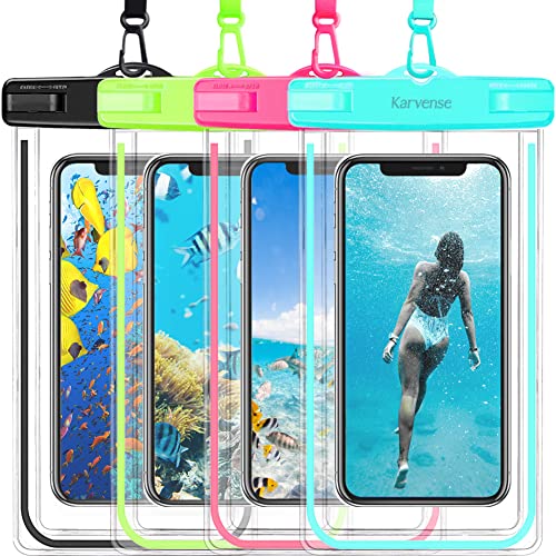 Karvense Waterproof Cell Phone Pouch Case, 4 Pack Universal Luminous Waterproof Phone Bag/Holder for iPhone, Samsung Galaxy, LG, Moto, Dry Bag for Beach, Shower, Pool, Kayaking, Snorkeling, Vacation