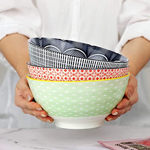 Salad Soup Ramen Bowl, DeeCoo 55 OZ Super Stackable Round Fine Porcelain Cereal Pasta Serving Bowl Sets, 3 Pack -Large Capacity Microwavable Ceramic Bowls - Heat and Cold Resistant