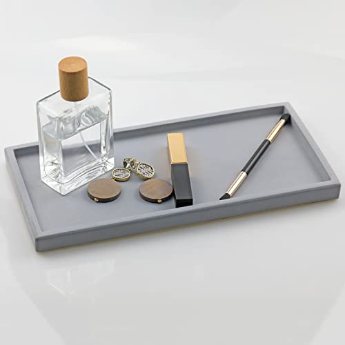 FREELOVE Concrete Decorative Tray, Makeup Organizer Perfume Soap Dispenser Organization for Dresser Vanity Bathroom Counter Coffee Table Desk Toilet Tank Home Decor, Grey, Rectangle 5.3''X11''