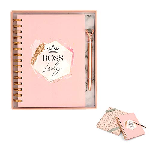 Boss Lady Notebooks for Women I Cute Spiral Journal Notebook with Diamond Pen by NINE ROYAL in a Gift Box - Rose Gold I Hard Cover, Thick and Lined Paper - Great Home or Office I Writing Journal