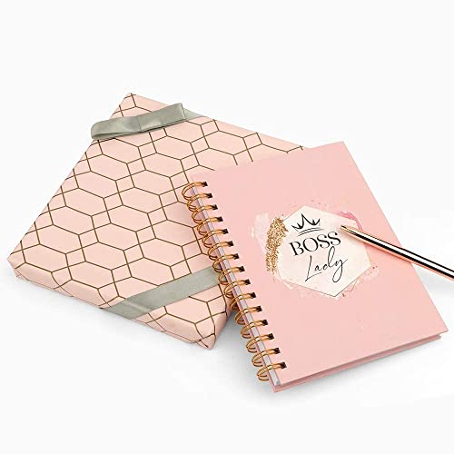 Boss Lady Notebooks for Women I Cute Spiral Journal Notebook with Diamond Pen by NINE ROYAL in a Gift Box - Rose Gold I Hard Cover, Thick and Lined Paper - Great Home or Office I Writing Journal