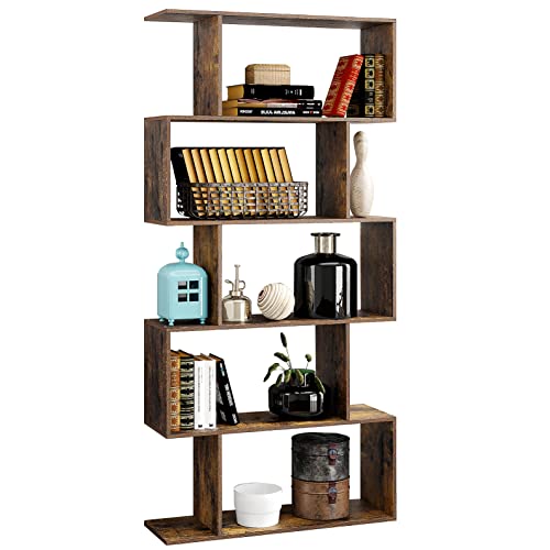 Yusong Bookshelf 5-Tier, Geometric Bookcase S Shaped Book Shelves for Bedroom, Modern Industrial Wood Decorative Display Shelf Book Case for Home Office, Rustic Brown