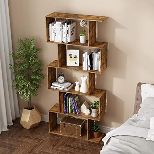 Yusong Bookshelf 5-Tier, Geometric Bookcase S Shaped Book Shelves for Bedroom, Modern Industrial Wood Decorative Display Shelf Book Case for Home Office, Rustic Brown