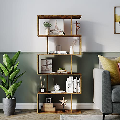 Yusong Bookshelf 5-Tier, Geometric Bookcase S Shaped Book Shelves for Bedroom, Modern Industrial Wood Decorative Display Shelf Book Case for Home Office, Rustic Brown