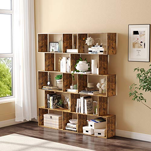 Yusong Bookshelf 5-Tier, Geometric Bookcase S Shaped Book Shelves for Bedroom, Modern Industrial Wood Decorative Display Shelf Book Case for Home Office, Rustic Brown