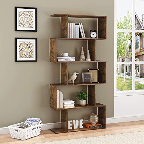 Yusong Bookshelf 5-Tier, Geometric Bookcase S Shaped Book Shelves for Bedroom, Modern Industrial Wood Decorative Display Shelf Book Case for Home Office, Rustic Brown