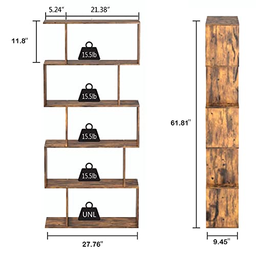 Yusong Bookshelf 5-Tier, Geometric Bookcase S Shaped Book Shelves for Bedroom, Modern Industrial Wood Decorative Display Shelf Book Case for Home Office, Rustic Brown