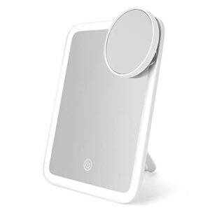 snowflakes portable mirror with lightsr, 1x large lighted mirror and 10x magnifying makeup mirror, touch control 3 color setting, 180° rotation, dual power.